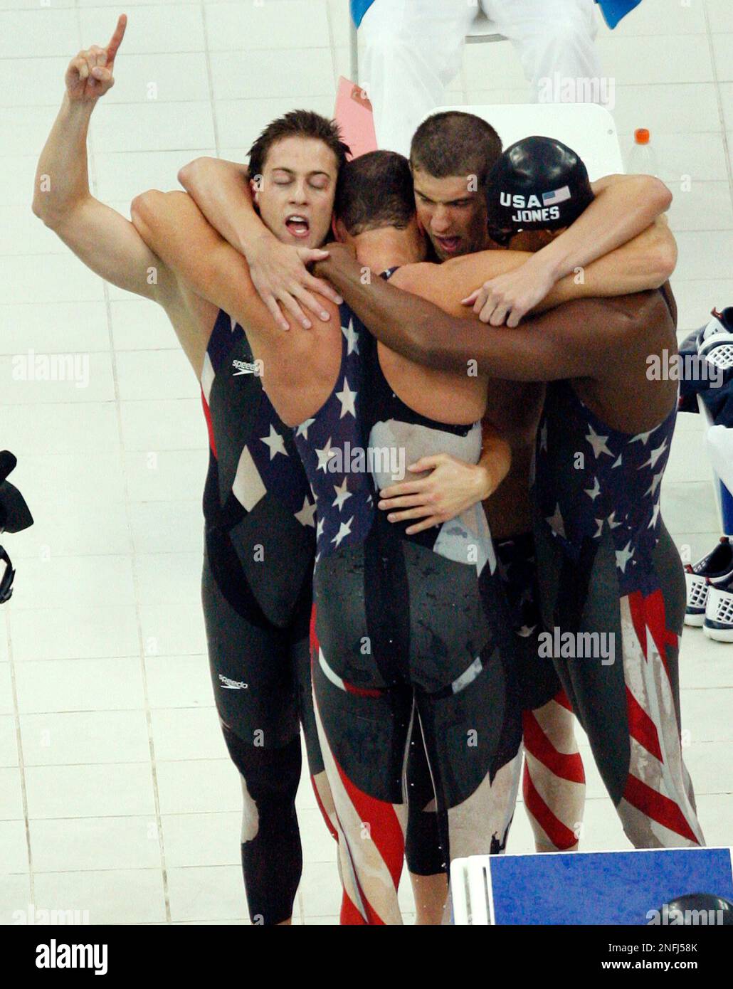 United States' swimmers, from left, Garret Weber-Gale, Jason Lezak ...