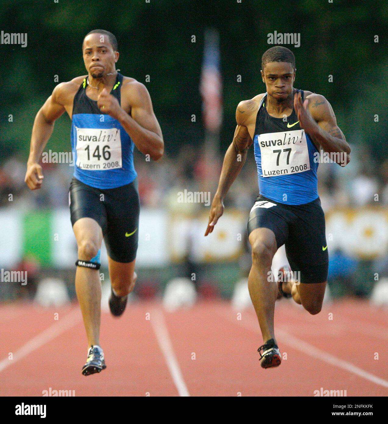 Wallache Spearmon, left, and Mark Jelks, right, both from the USA ...