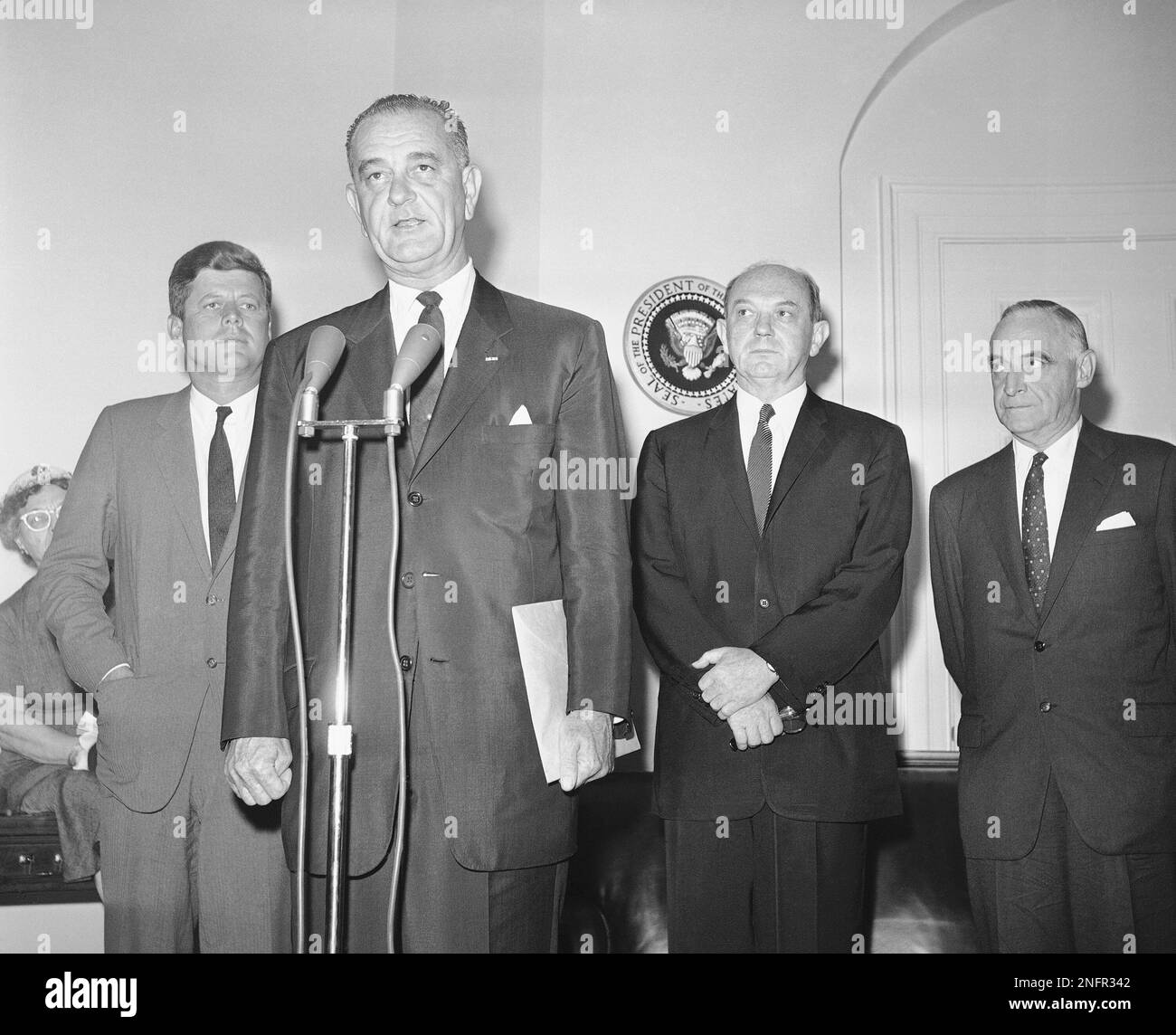 Vice President Lyndon Johnson speaks briefly on Aug. 21, 1961 at the ...