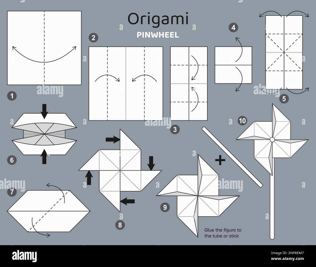 Origami-Tutorial. Das Origami-Schema Pinwheel für Kinder Stock ...