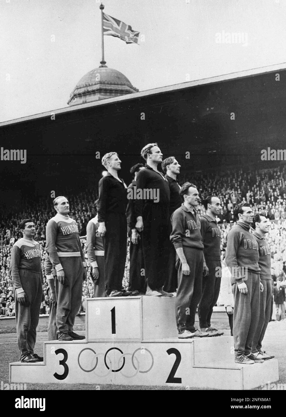 The winners of the men's Olympic Games 4 x 100metres Relay Final on the ...