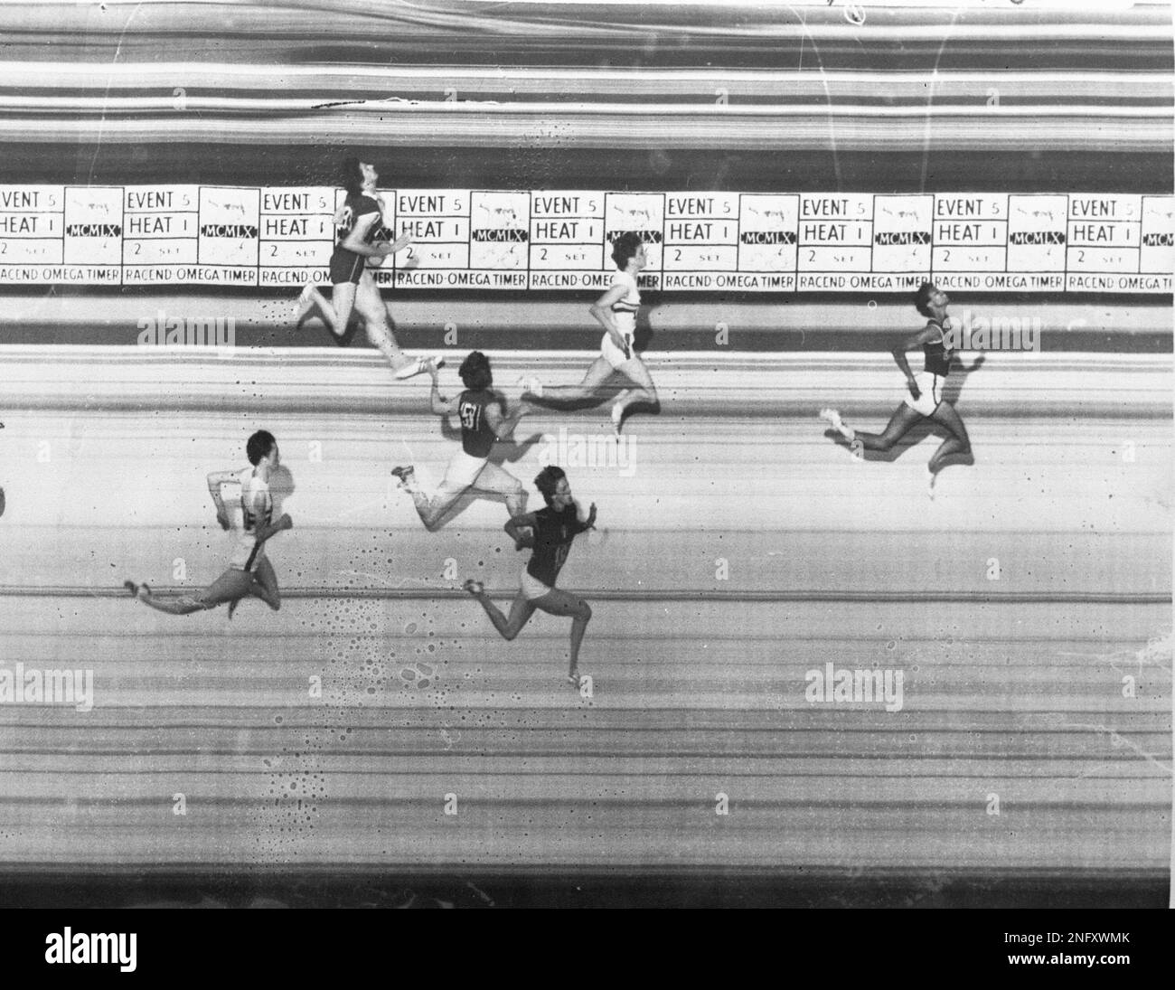 This is a photo finish of the women's 100-meter sprint event at the ...