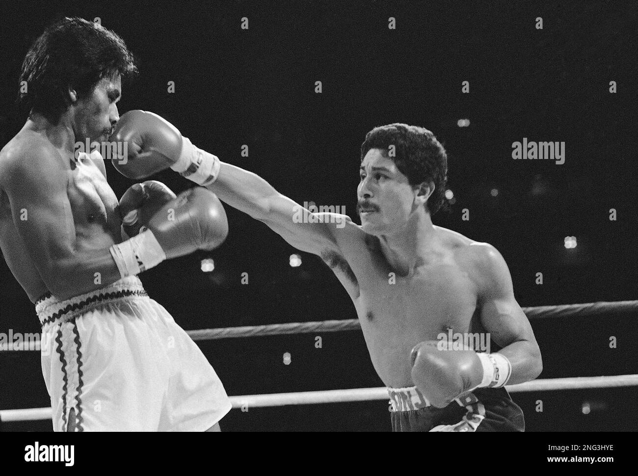 Wilfredo Gomez, right, of Puerto Rico lands a punch to the nose of Lupe ...