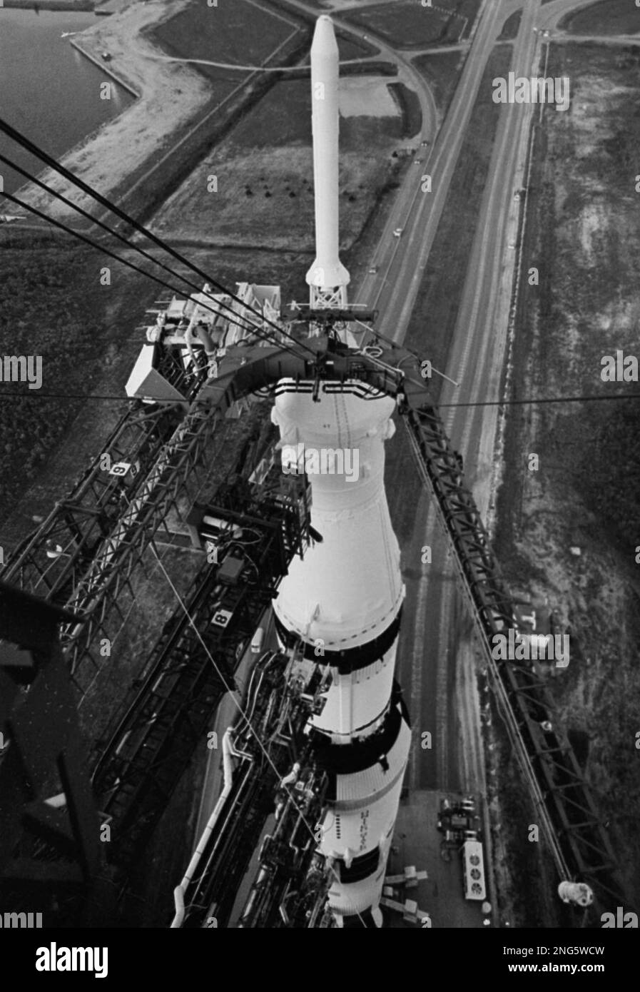 This aerial view, shot from the 360-foot level of the umbilical tower ...