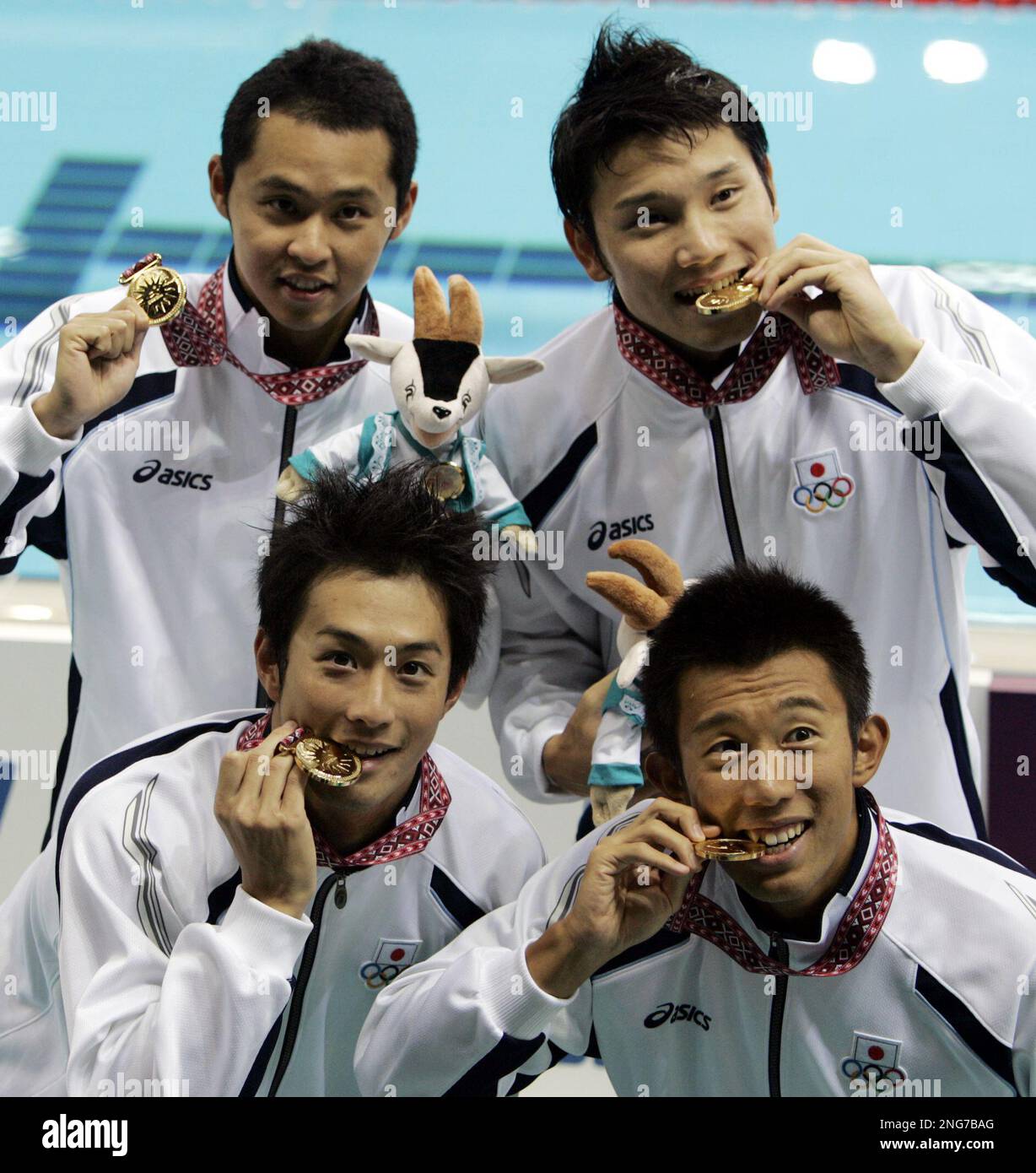 Japan's 4X100m relay team, from top left to right, Kosuke Kitajima ...