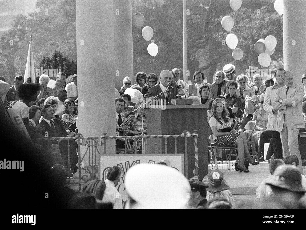 Charlie Finley, owner of the Oakland A's, addresses a crowd following ...