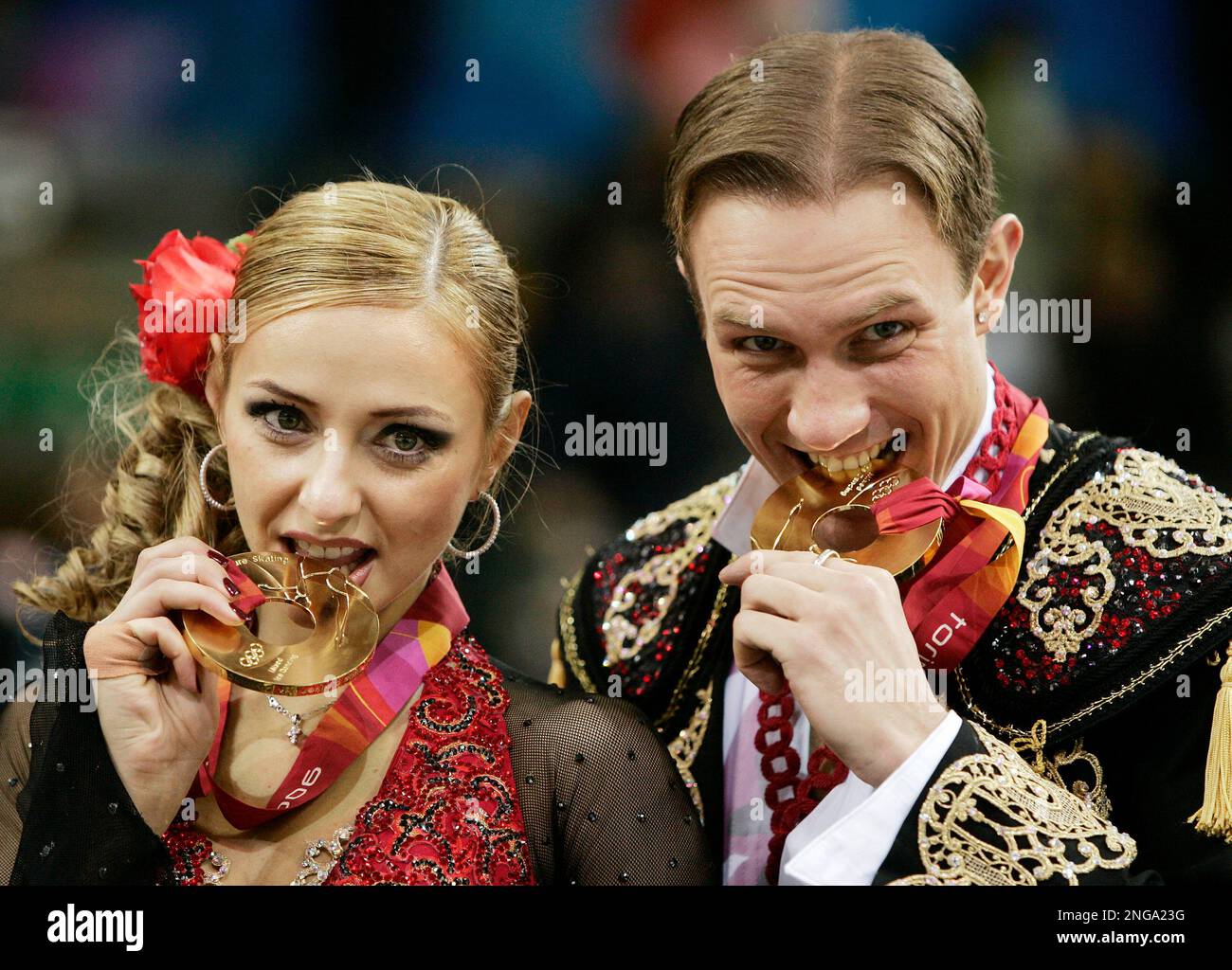 Russia's Roman Kostomarov and his partner Tatiana Navka pose with their ...