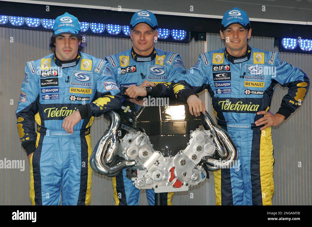 Renault's Formula One drivers, from left, World Champion Fernando Alonso of Spain, Giancarlo ...