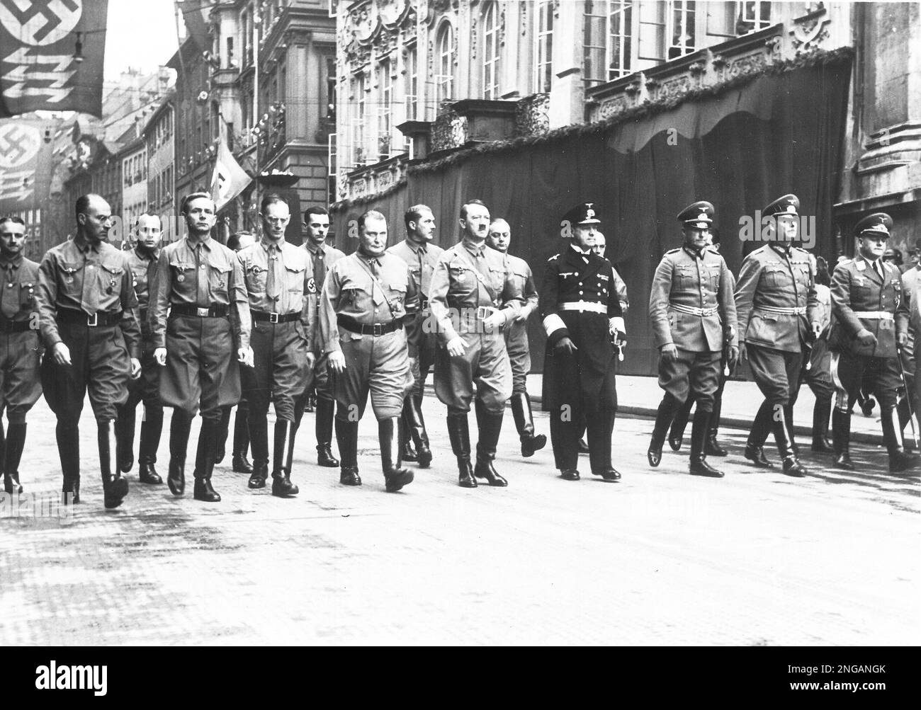 German leader Adolf Hitler, centre with Hermann Goering to his right ...