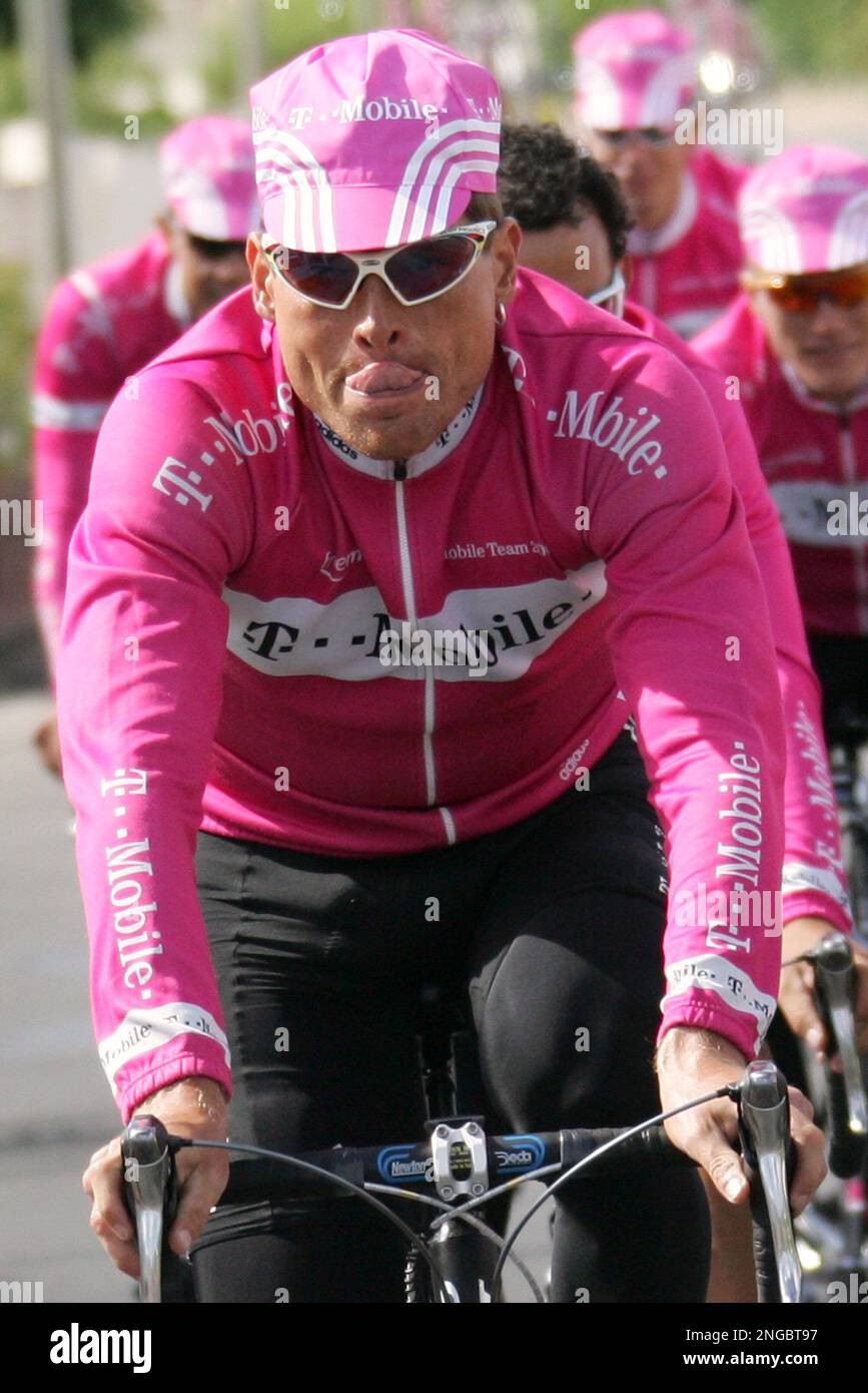 Jan Ullrich of Germany, leader of German cycling team T-Mobile, trains ...