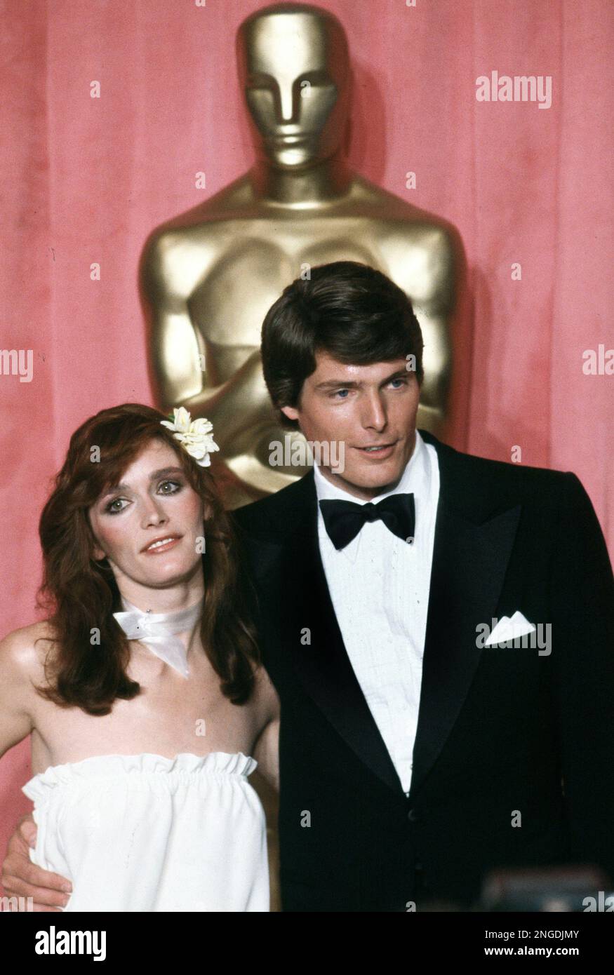 Actress Margot Kidder, left, and actor Christopher Reeve pose in front ...
