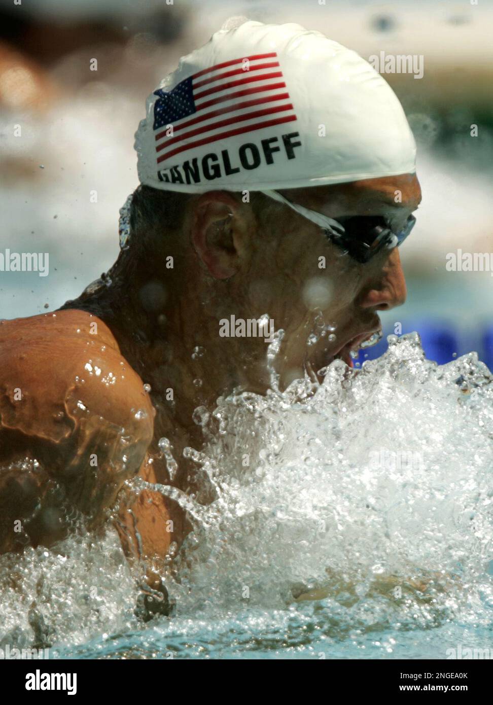 Mark Gangloff, of the United States, swims the breaststroke leg in a ...