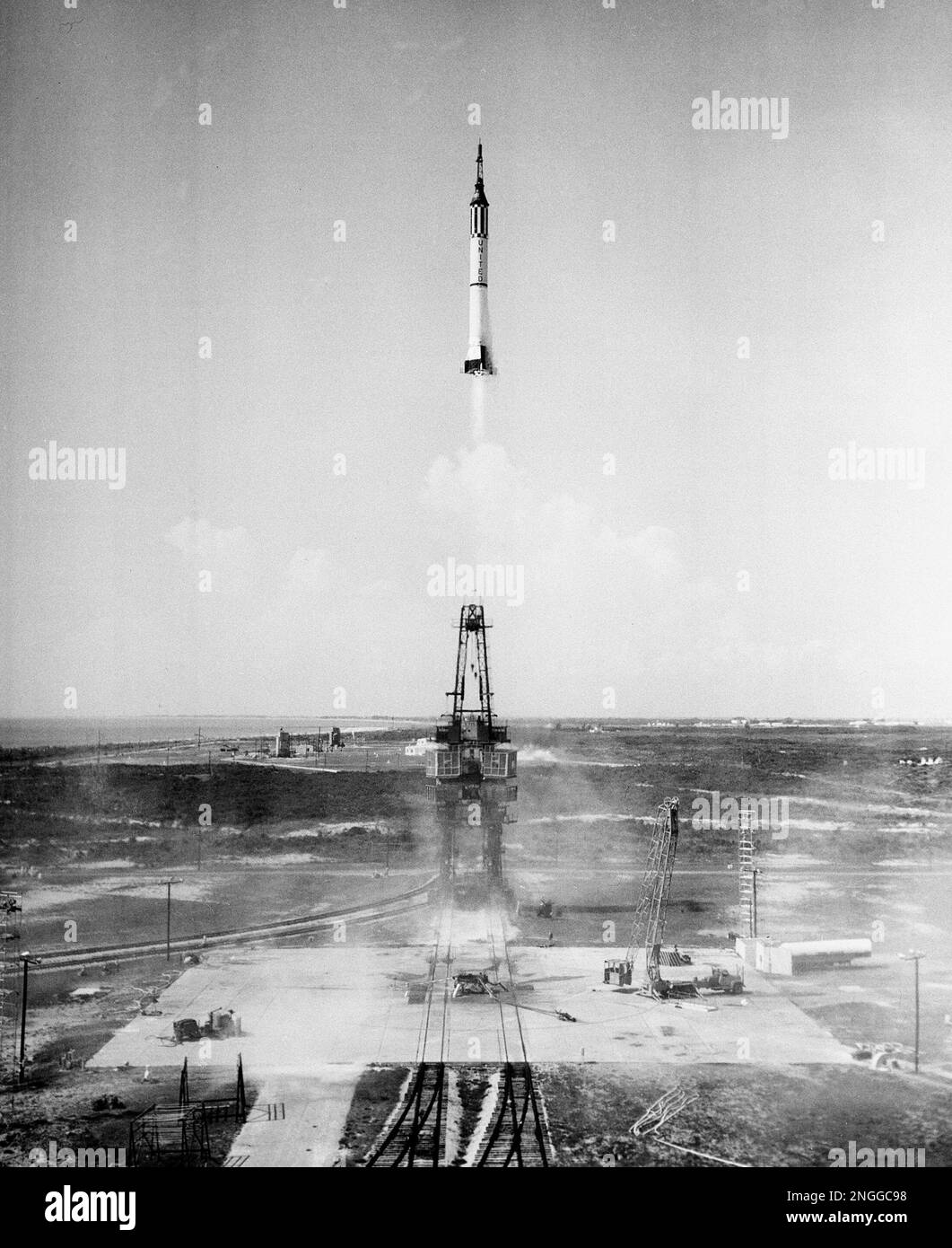 Redstone-MR7 is shown during lift-off from the launch pad at Cape ...