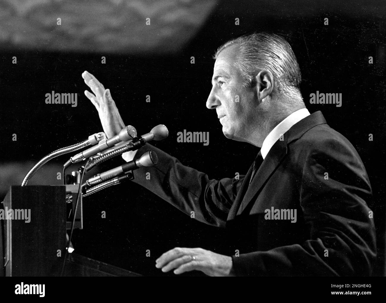 U.S. Vice President Spiro T. Agnew gestures with his hand as he speaks ...