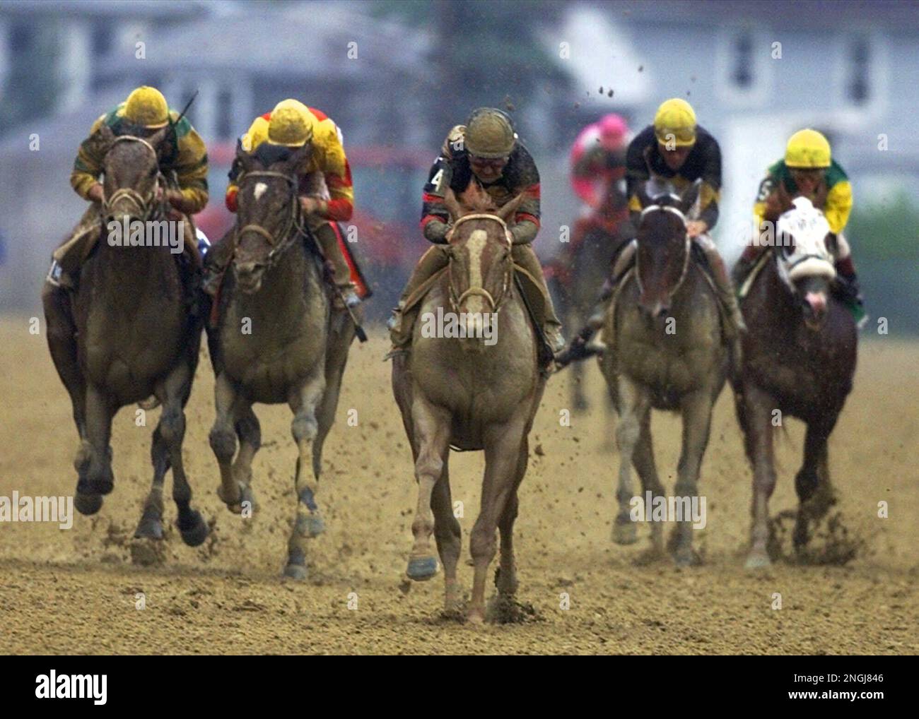 Red Bullet (4) with jockey Jerry Bailey aboard, center, breaks away ...