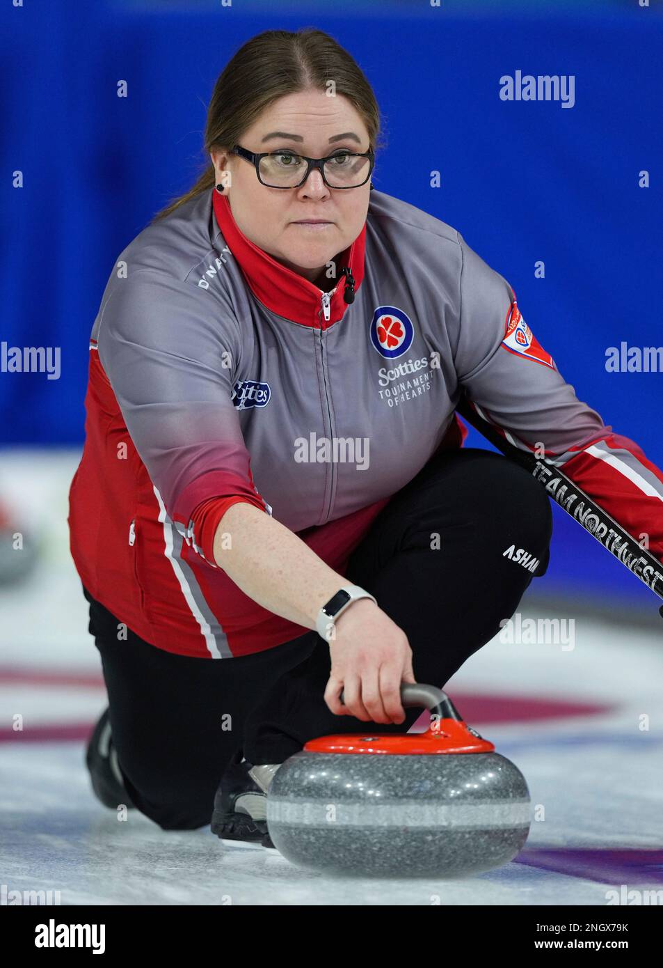 Northwest Territories skip Kerry Galusha delivers a rock while playing ...