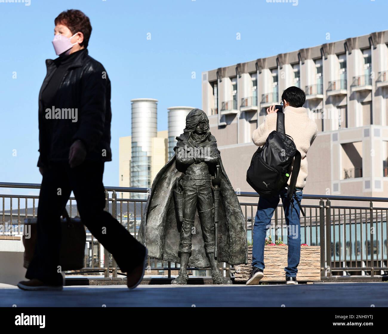 A photo shows a statue of Captain Harlock near Kokura Station in ...