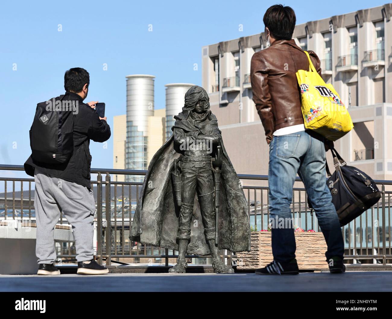 A photo shows a statue of Captain Harlock near Kokura Station in ...