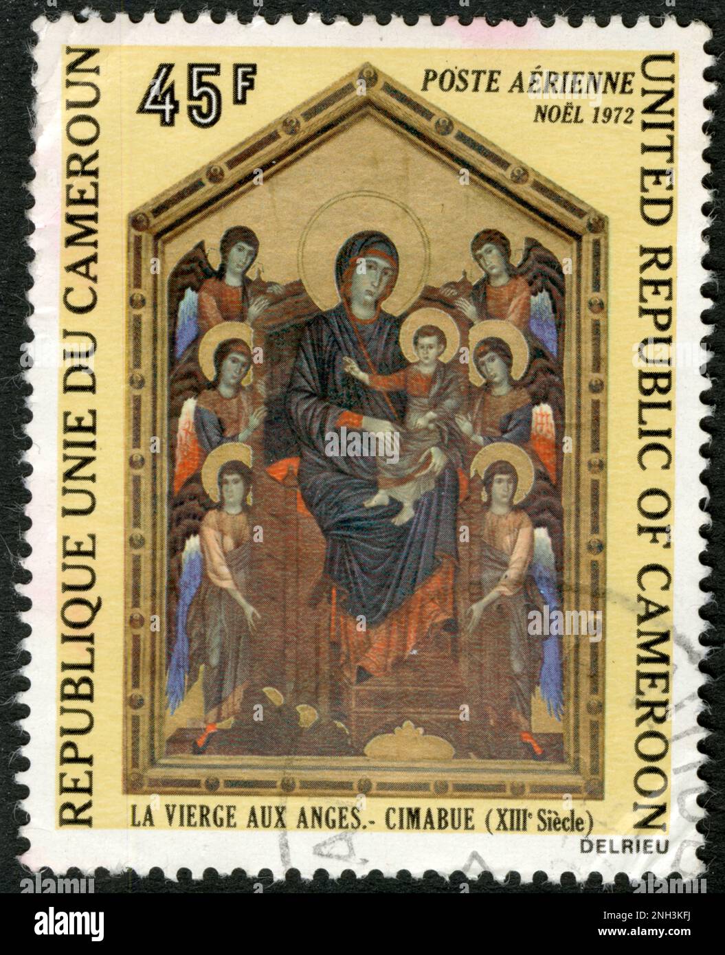 TIMBRE OBLITERE RÉPUBLIQUE UNIE DU CAMEROUN. POSTE AÉRIENNE. LA VIERGE ...