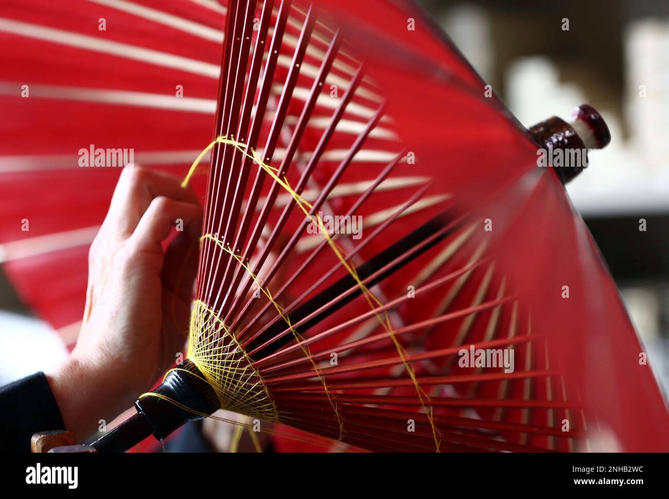 A craftsman makes Gifu Wagasa, special Japanese umbrellas of the city ...