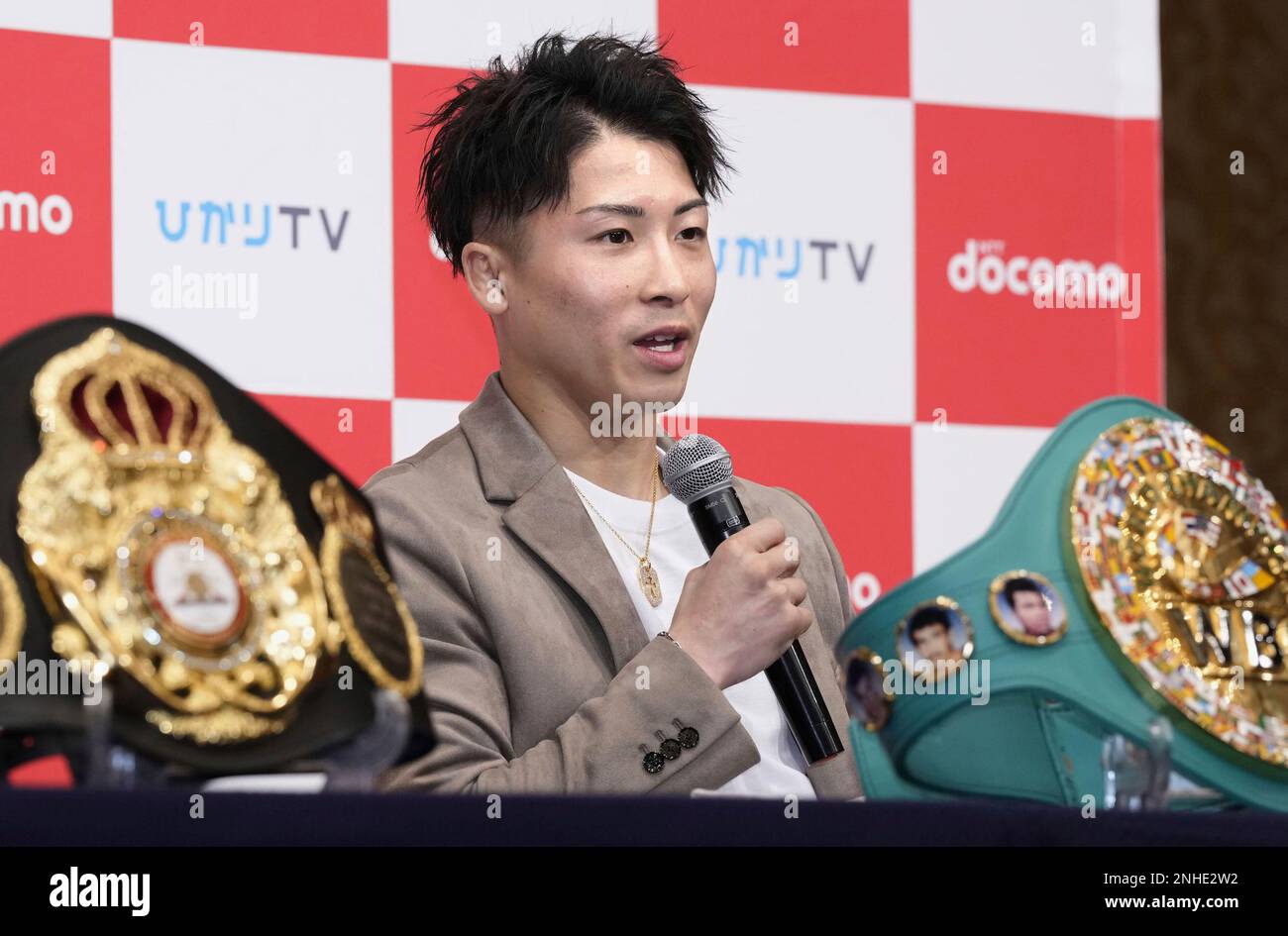 Naoya Inoue of Japan speaks during a press conference in Yokohama, near ...