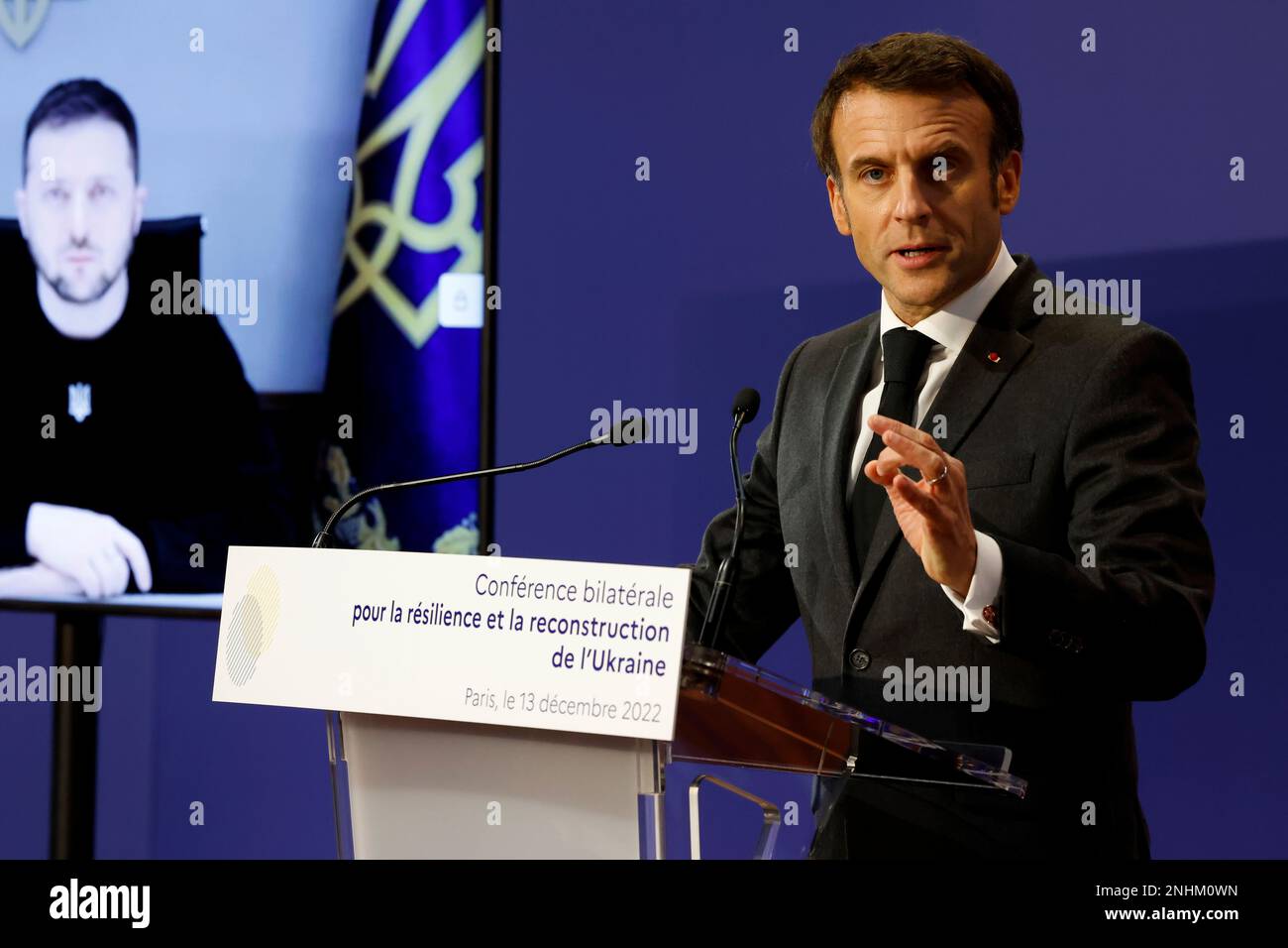 French President Emmanuel Macron speaks as Ukrainian President ...