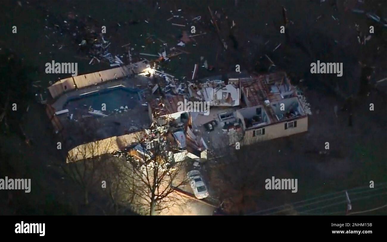 A structure is damaged after a tornado touched down in Wayne, Okla ...