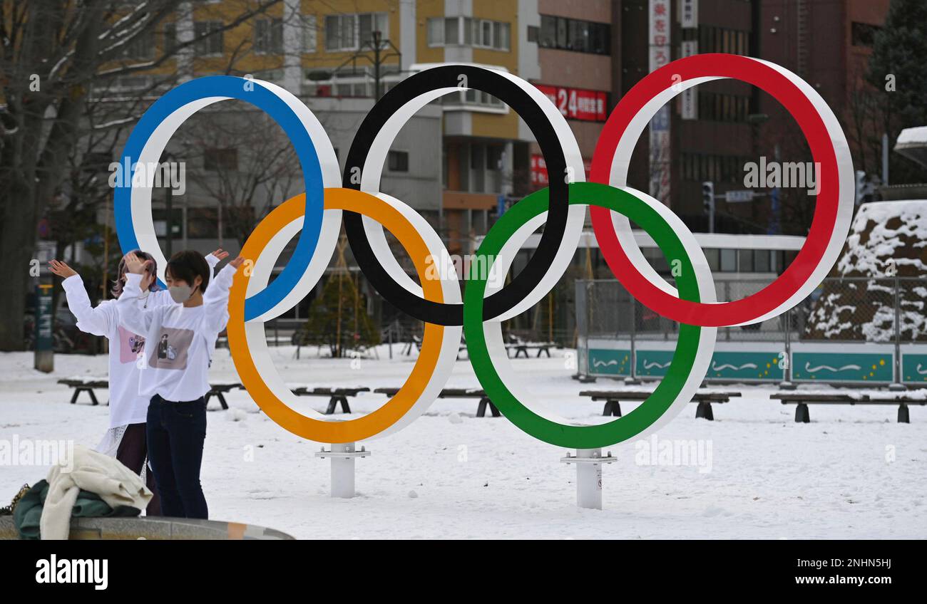 The monument of the Olympic Rings, a symbol of the Olympic Games is set ...