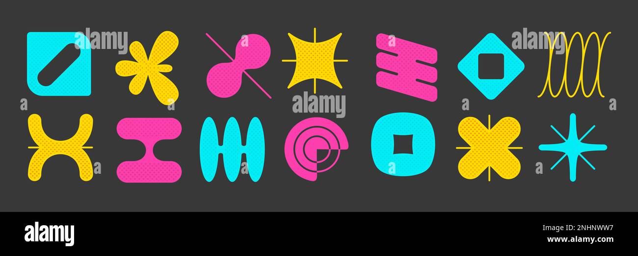 Ein Satz farbenfroher, brutaler Formen, isoliert auf schwarzem ...