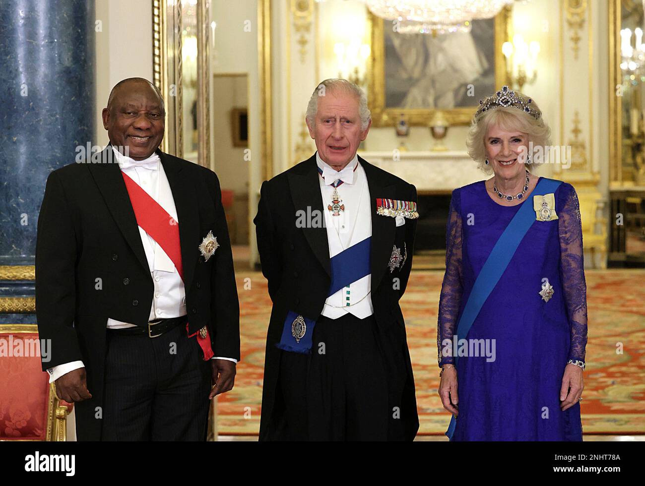 Britain's King Charles III, centre, Britain's Camilla, the Queen Consort, and South Africa's ...