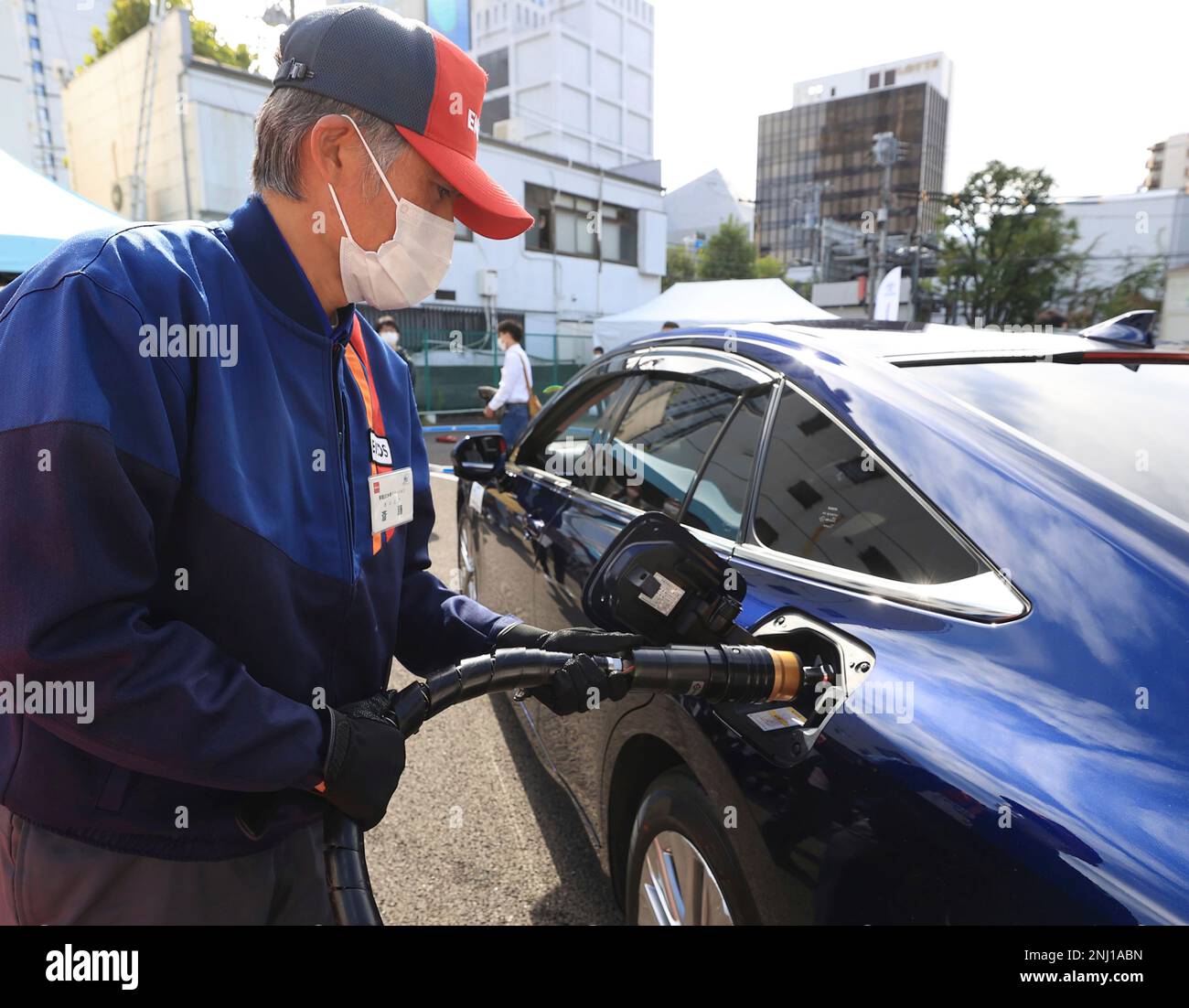 A mobile hydrogen refueling station is opened in Shinjuku Ward, Tokyo on October 30, 2022. ENEOS ...