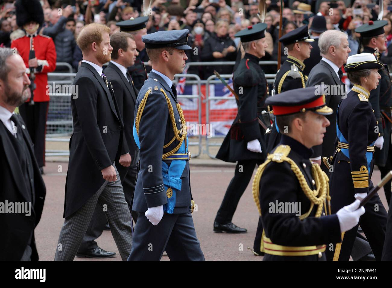 From left, Prince Harry, Prince William, Princess Anne, walk in the ...
