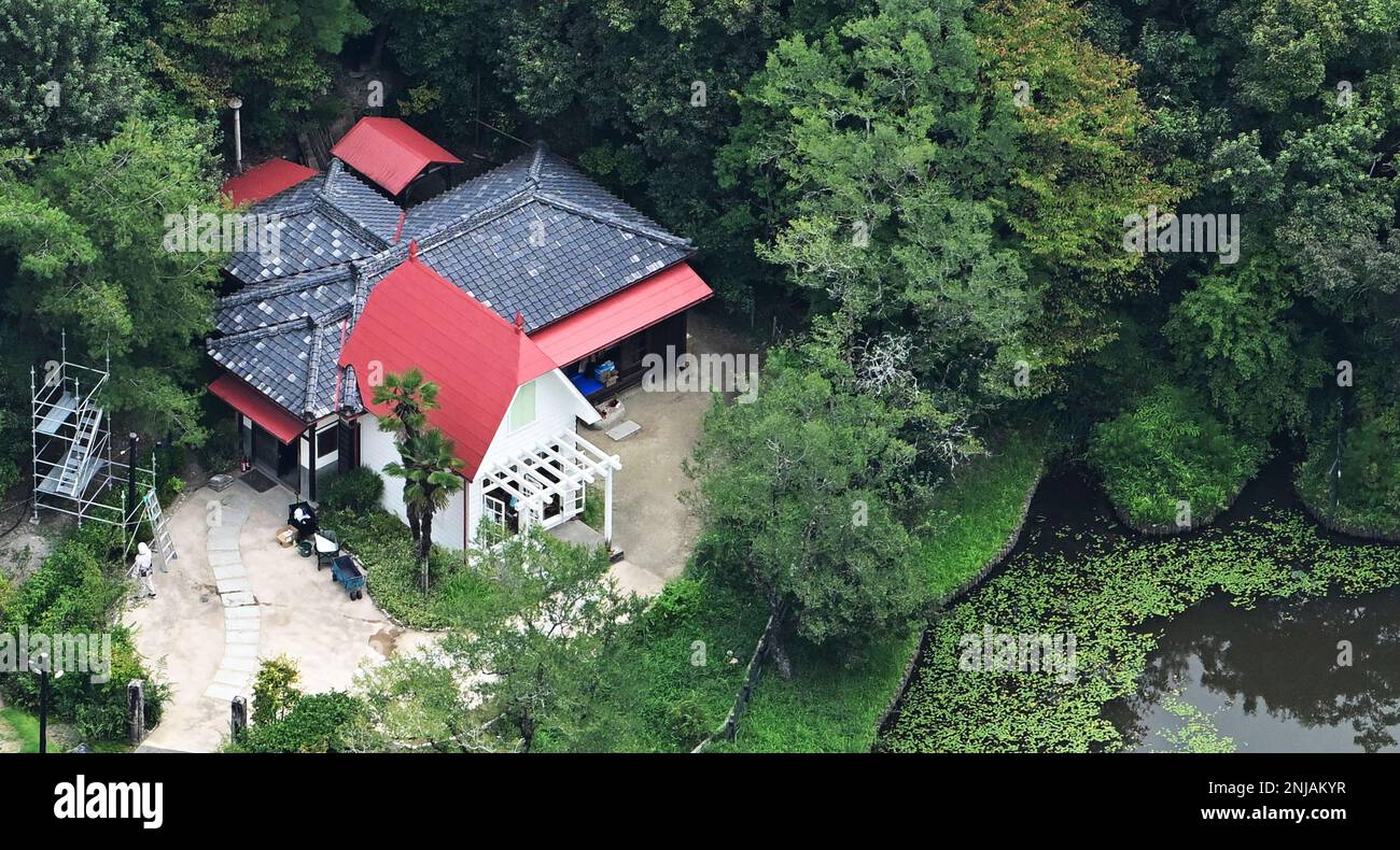 An aerial photo shows Ghibli Park under construction in Nagakute City ...