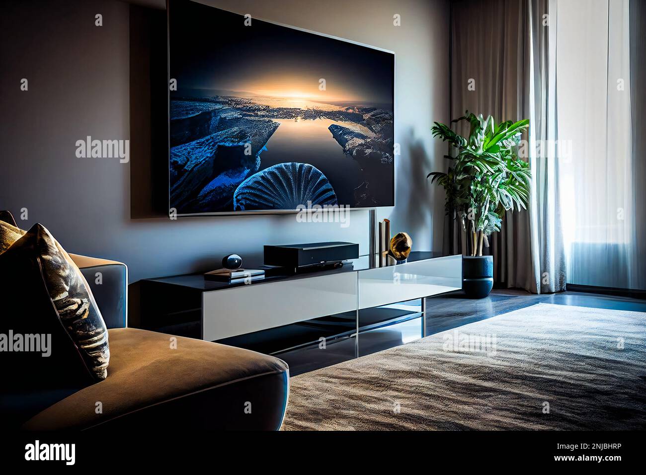 Wohnzimmer mit großem Fernseher an der Wand im Zimmer in modernem Stil ...