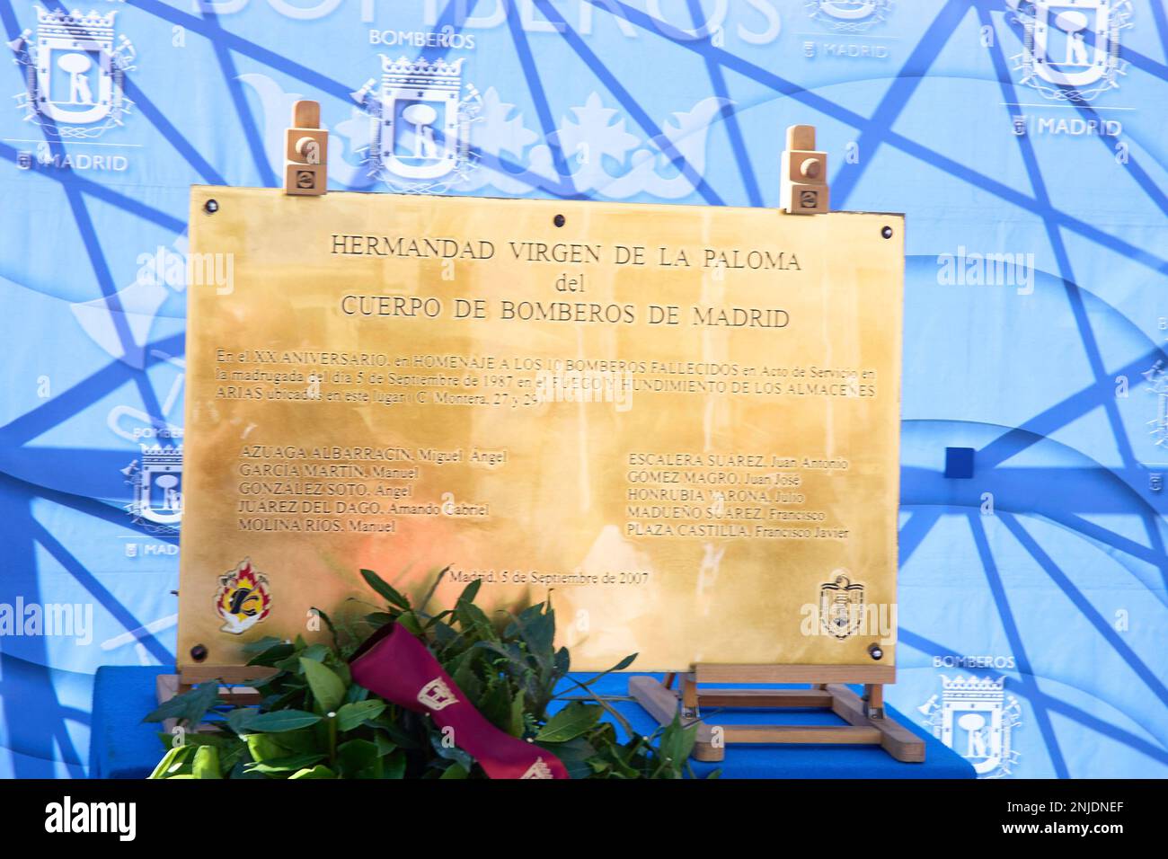 Plaque of the brotherhood of the Virgen de la Paloma of the Madrid Fire ...
