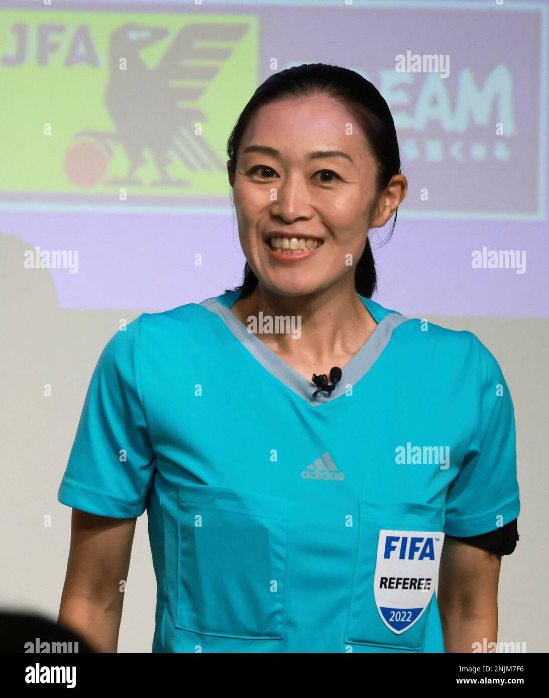 A female football referee Yoshimi Yamashita attends an event for ...