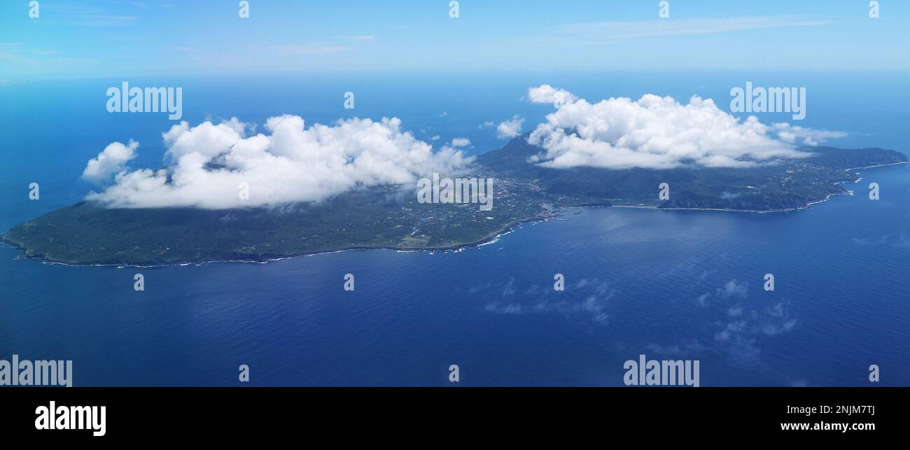 An aerial photo shows Hachijo-jima Island in Hachijo Town, Tokyo on ...