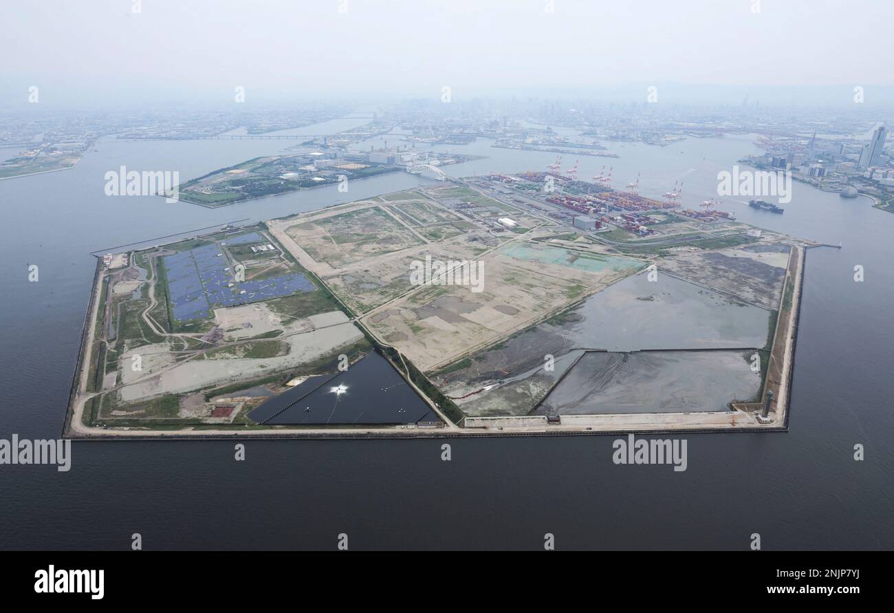 An aerial photo shows an artificial island of Yumeshima, a venue of the ...