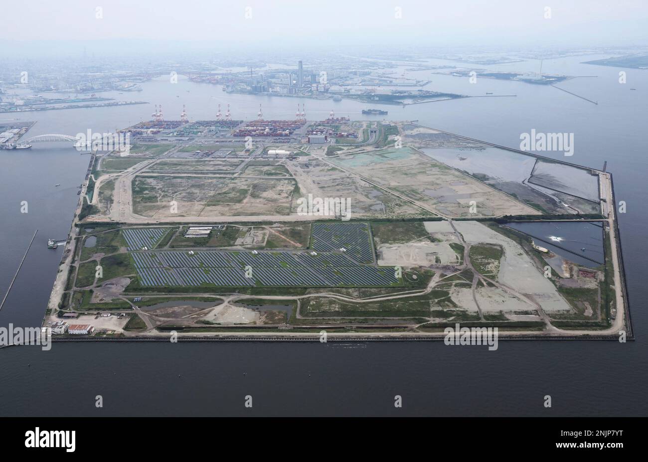An aerial photo shows an artificial island of Yumeshima, a venue of the ...
