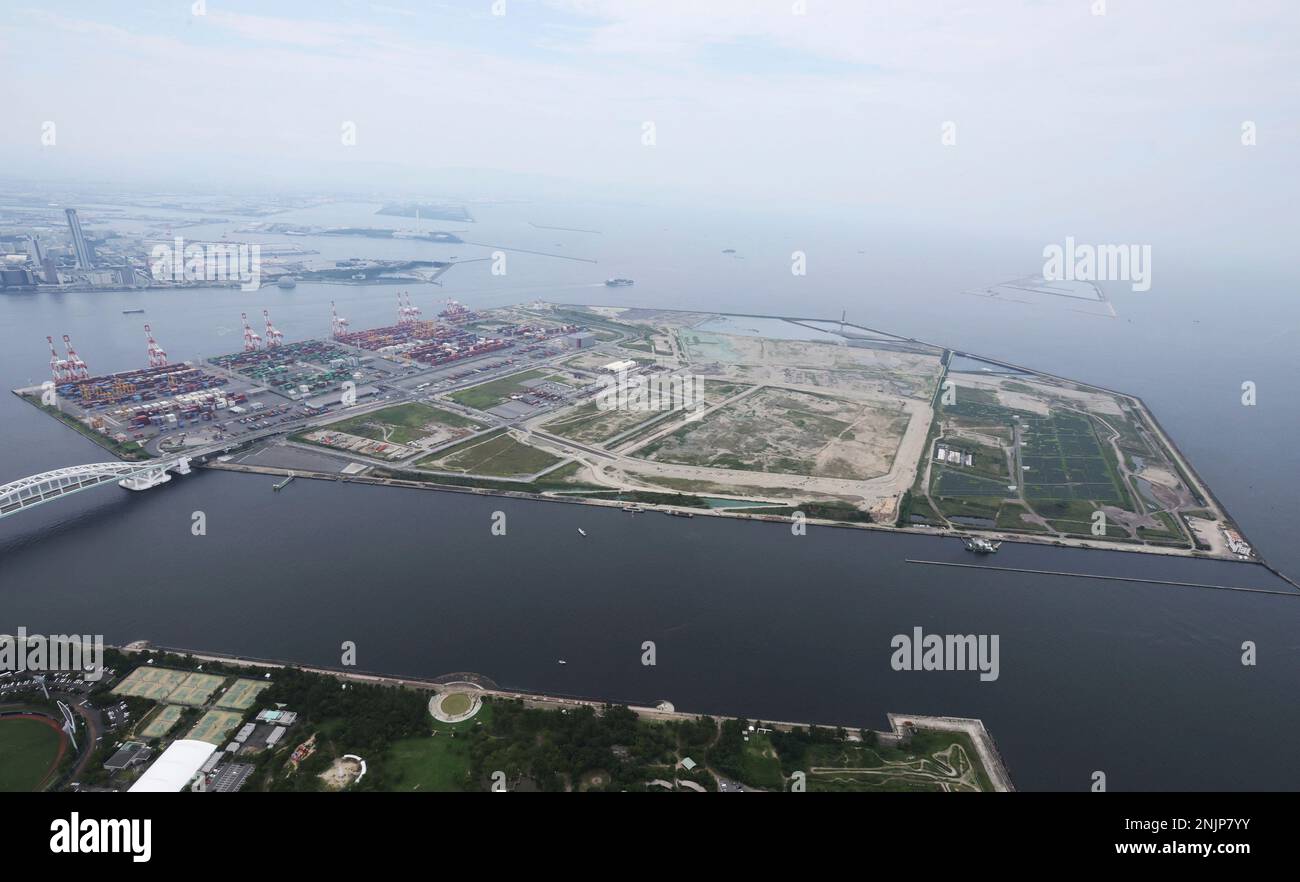 An aerial photo shows an artificial island of Yumeshima, a venue of the ...