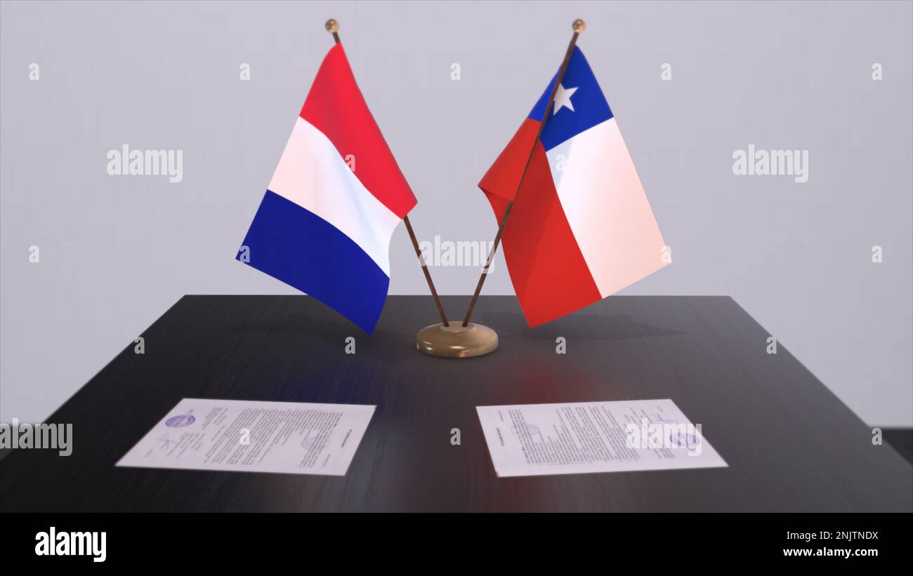 Die Flaggen Chiles und Frankreichs liegen im diplomatischen Konferenzraum auf dem Tisch. 3D ...