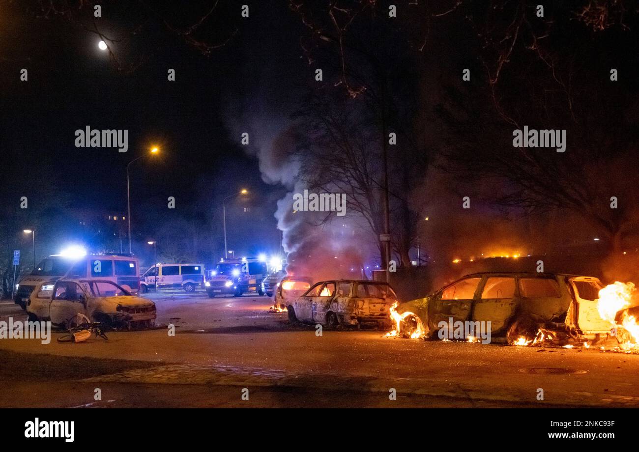 Cars are engulfed by flames after protests broke out at Rosengard in ...