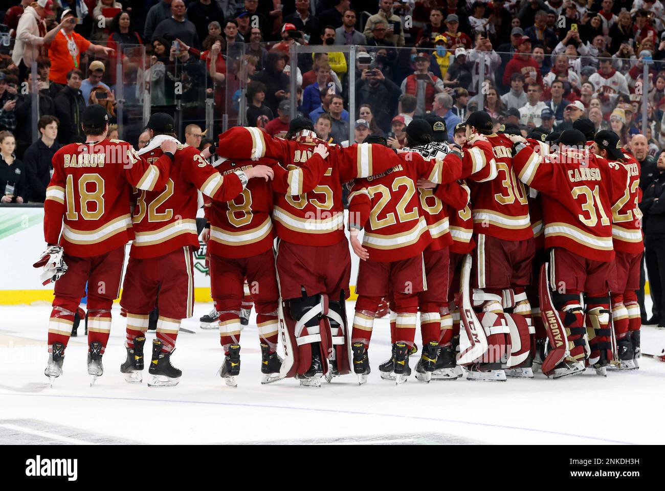 BOSTON, MA - APRIL 09: The Pioneers gather for the trophy celebration after the NCAA Frozen Four ...