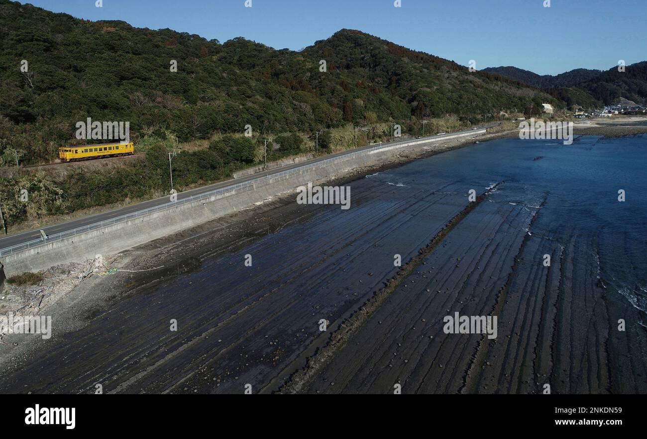 A train of JR Nichinan Line runs in Miyazaki City, Miyazaki Prefecture ...