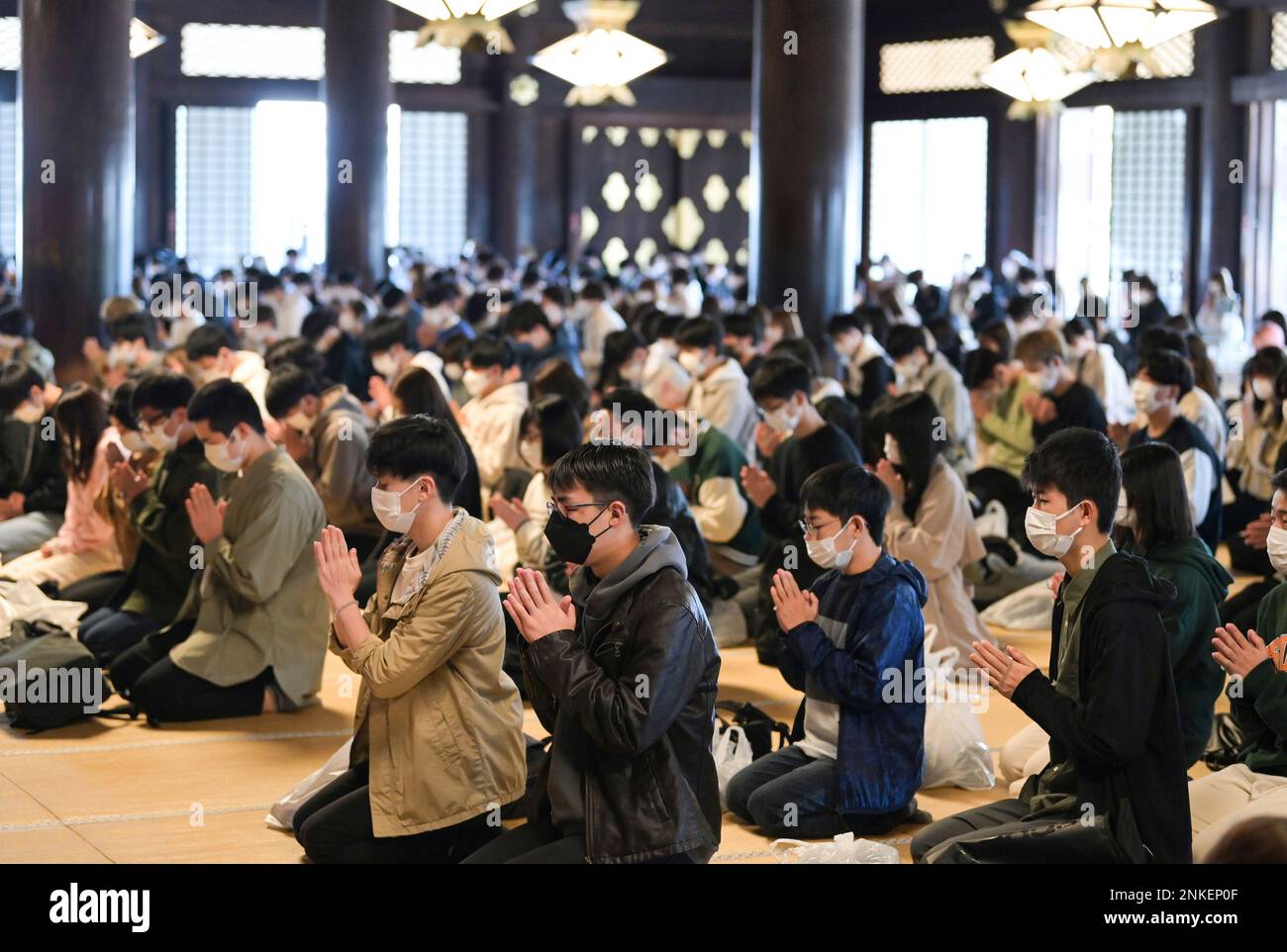 First grade students of Otani University attend a worship ceremony for ...