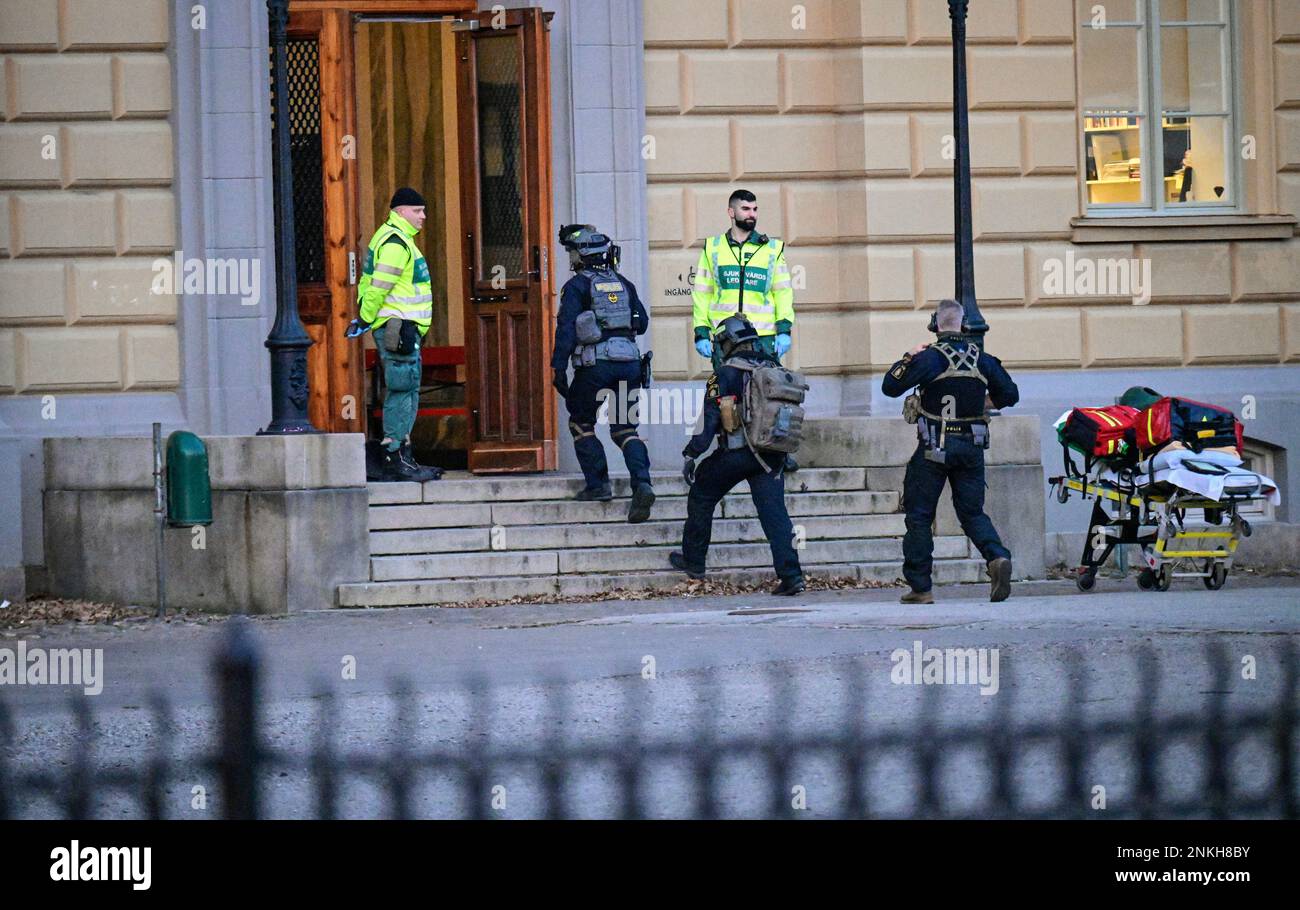 Police officers attend the scene at a school in Malmo, Sweden on Monday ...