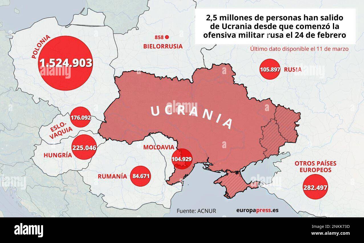 Map showing refugees who have left Ukraine since the beginning of the ...