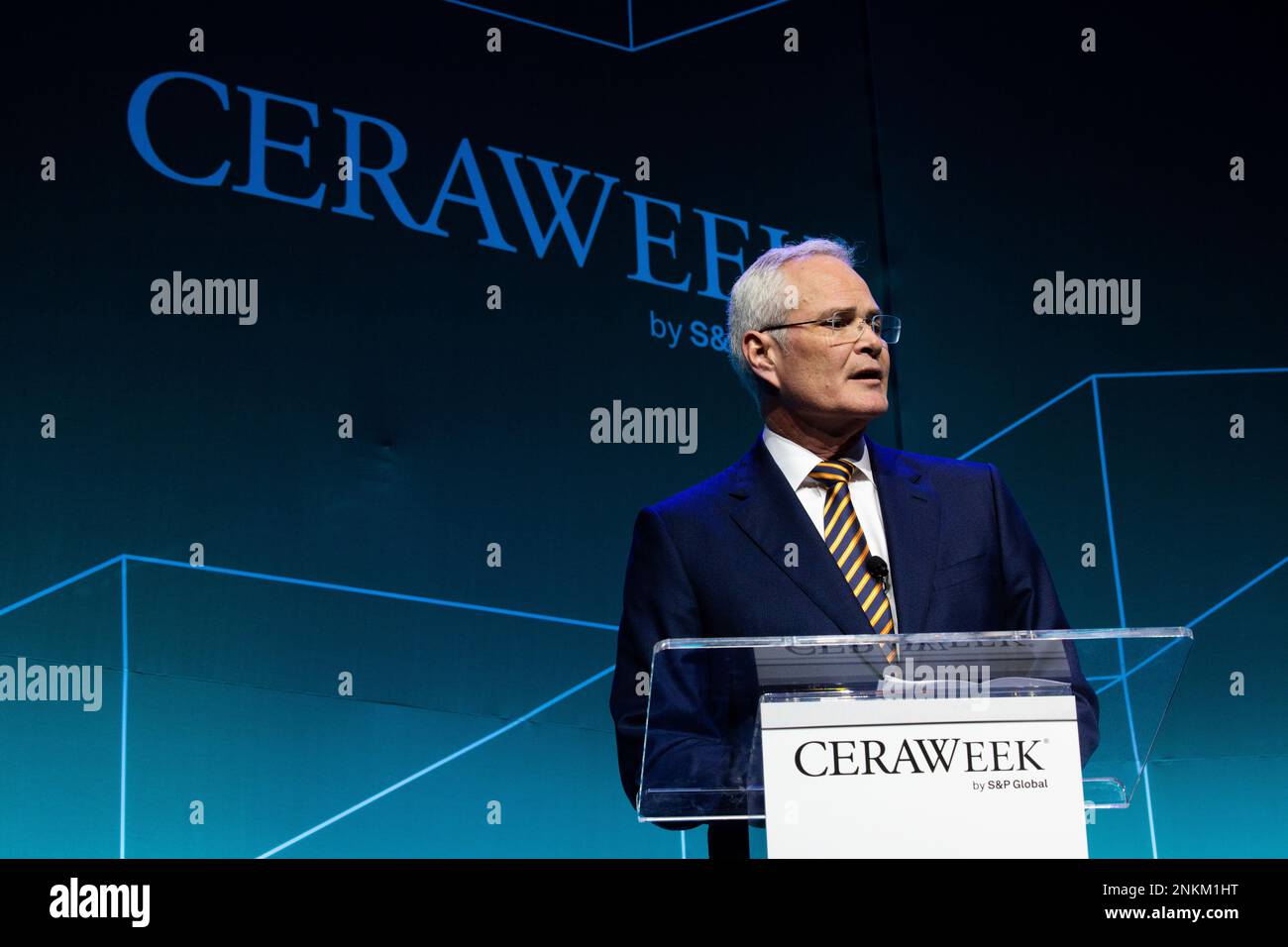 Darren Woods, Exxon Mobil Corp. Chairman and CEO gives a speech at the ...