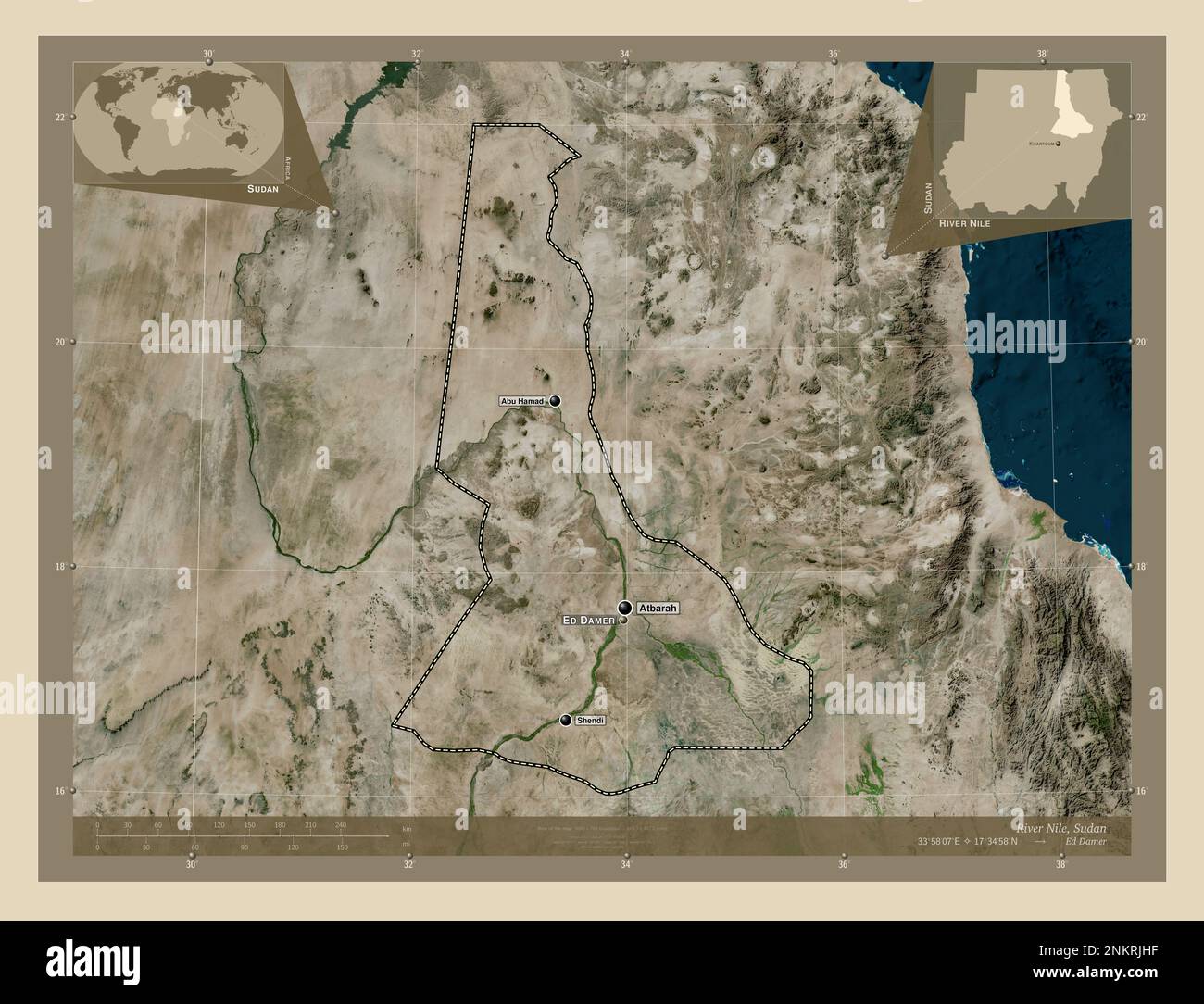 Fluss Nil, Staat Sudan. Hochauflösende Satellitenkarte. Standorte und ...