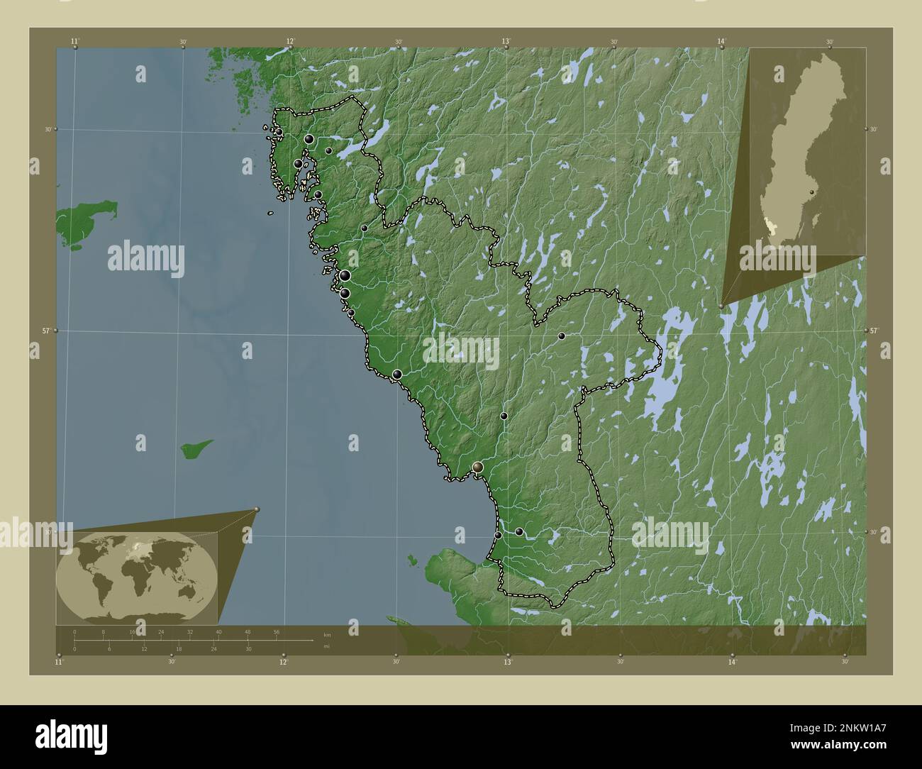 Halland, schwedischer Bezirk. Höhenkarte im Wiki-Stil mit Seen und ...